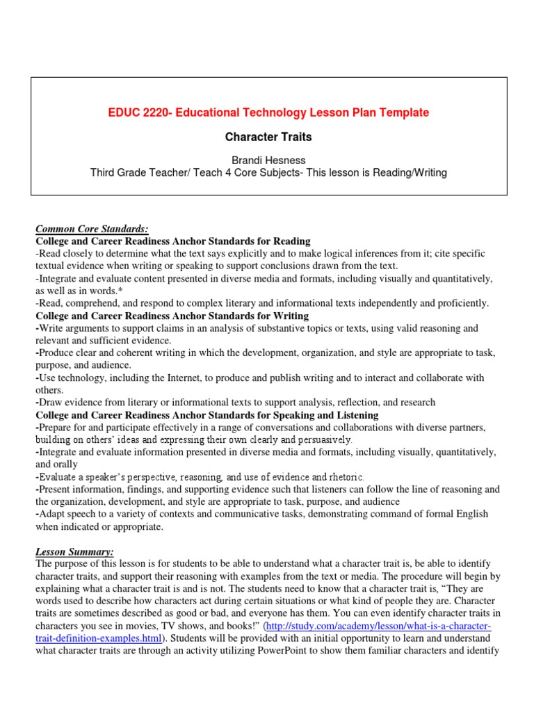 Character Traits Lesson Plan for 3rd Grade | PDF | Understanding ...