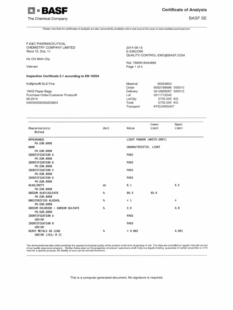 Kolliphor SLS Fine - Lot. 0011712242 | PDF