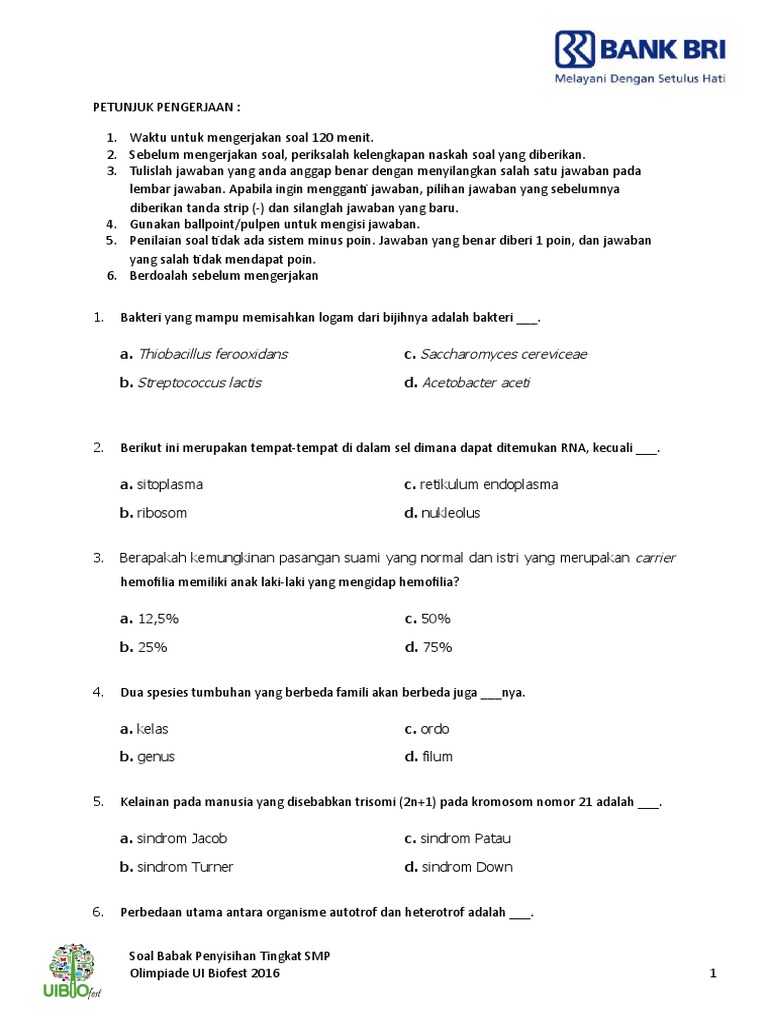 Soal Babak Penyisihan Olimpiade UI Biofest SMP 2016 | PDF