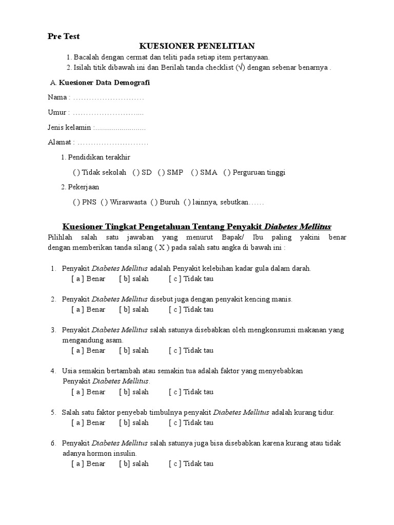 Pre Test Kuesioner DM | PDF