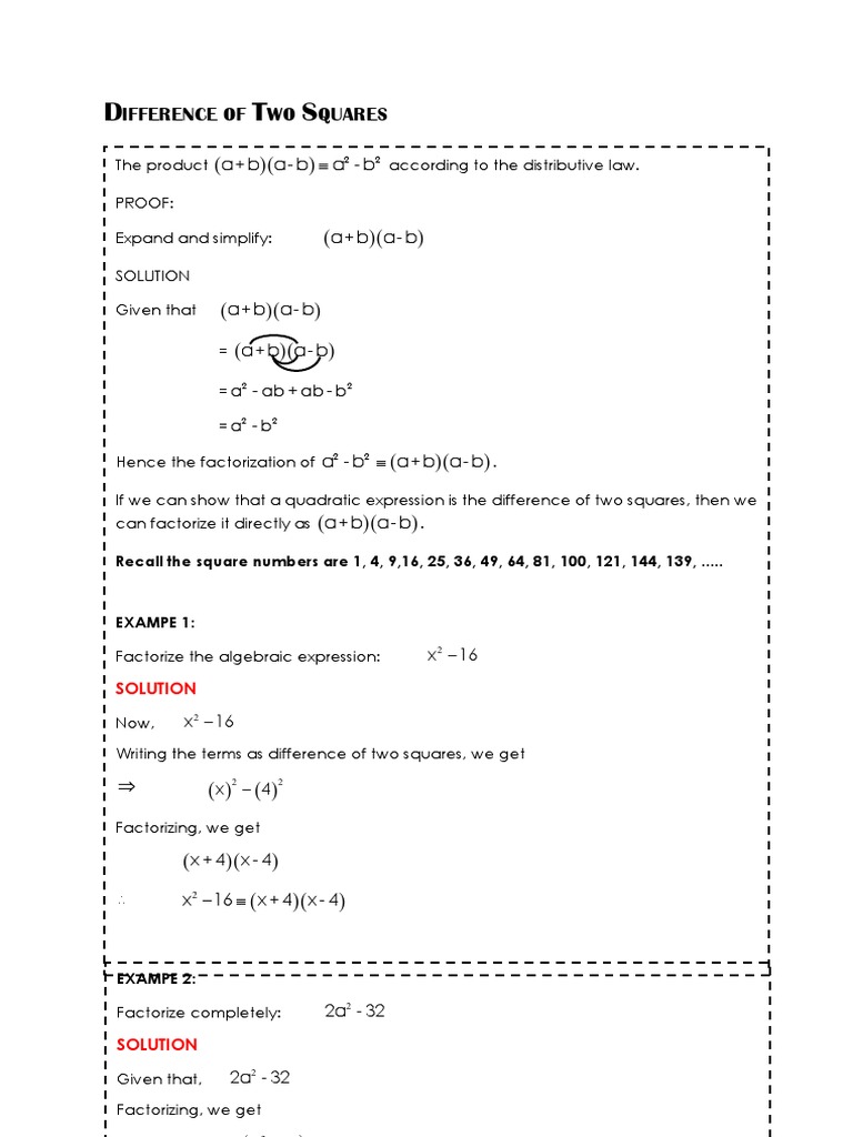 Difference of Two Squares | PDF | Factorization | Algebra