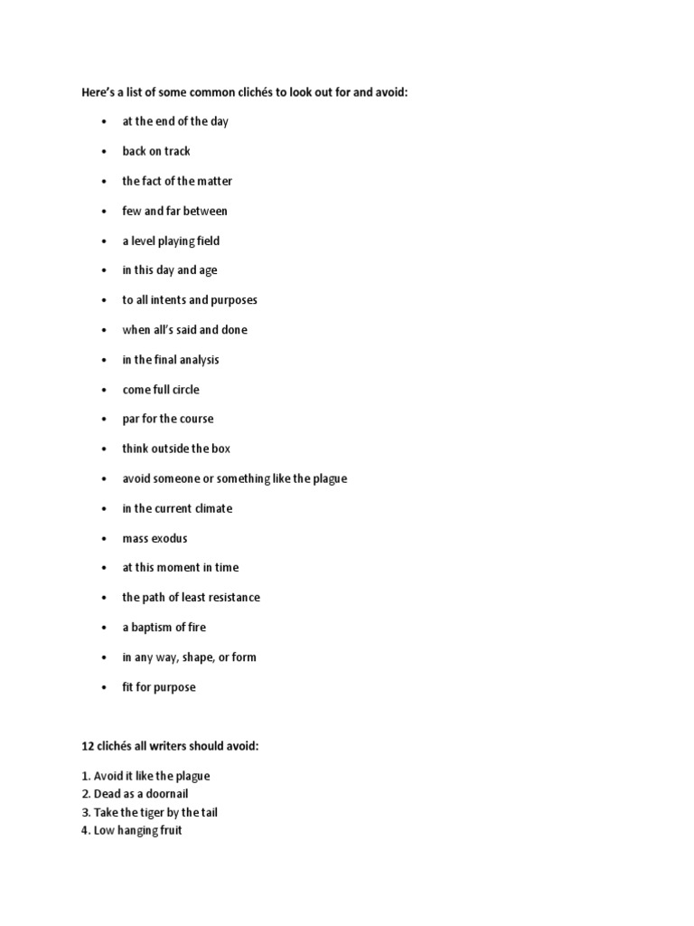 Here's A List of Some Common Clichés To Look Out For and Avoid | PDF
