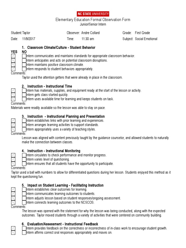 Observation Form | PDF | Internship | Job Hunting