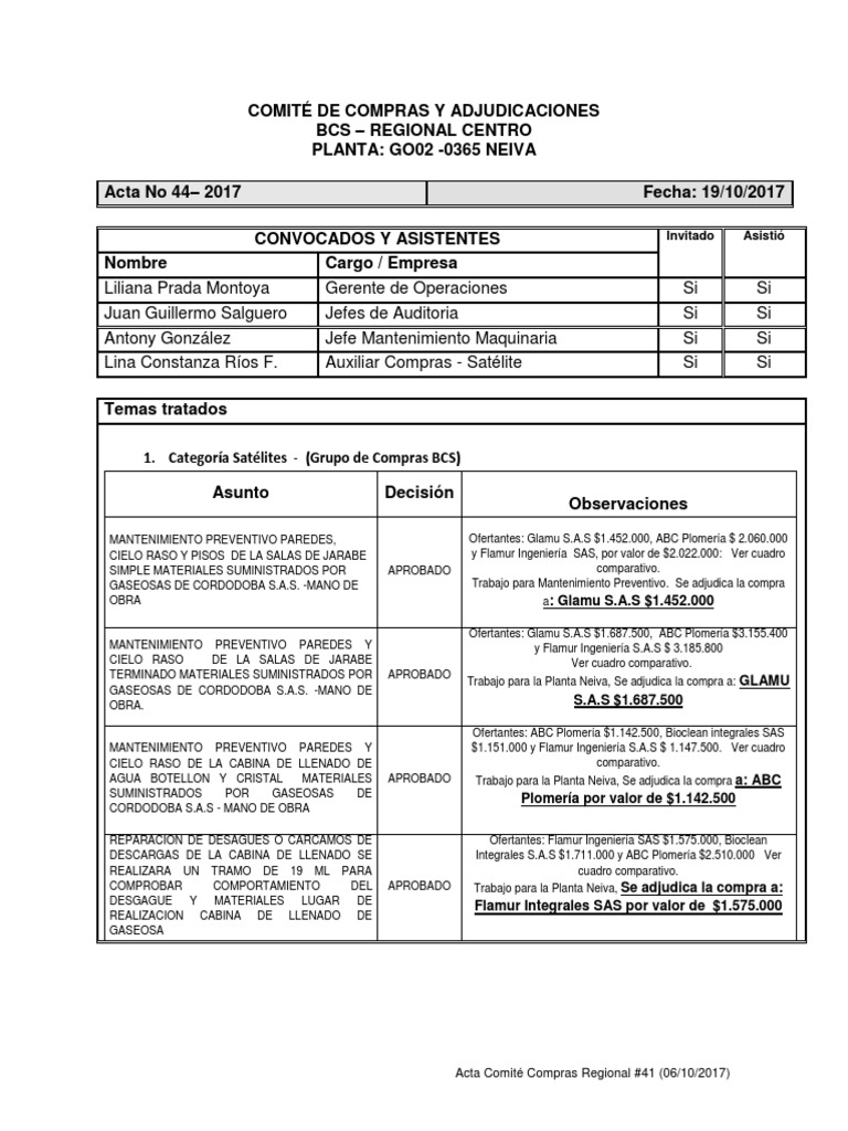 Acta Comite Compras Octubre 6 Neiva | PDF | Hogar, jardinería y bricolaje