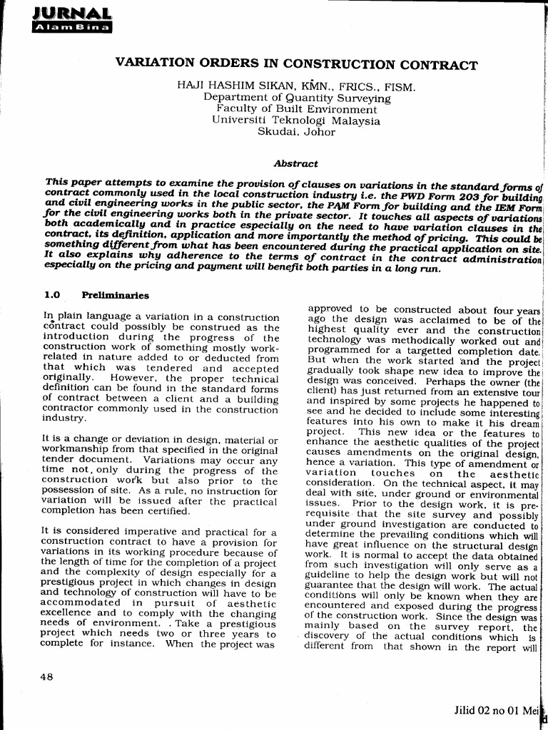 Variation Orders in Construction Contract | PDF