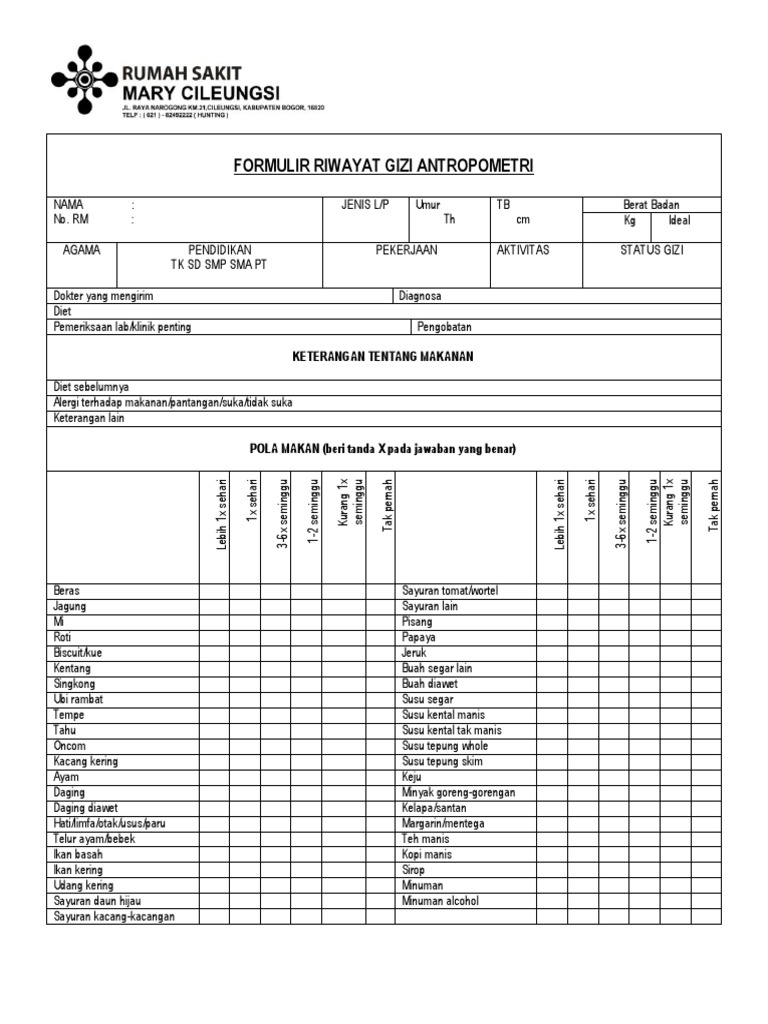 Formulir Riwayat Gizi Antropometri | PDF