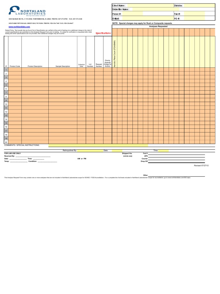 AOAC Testing Analysis Request Form | PDF