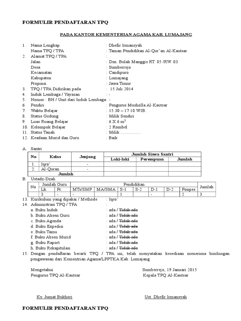 Formulir Pendaftaran TPQ | PDF