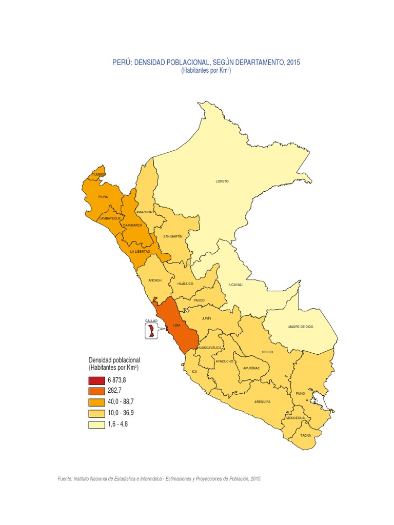 Perú: Densidad Poblacional, Según Departamento, 2015: (Habitantes por Km )