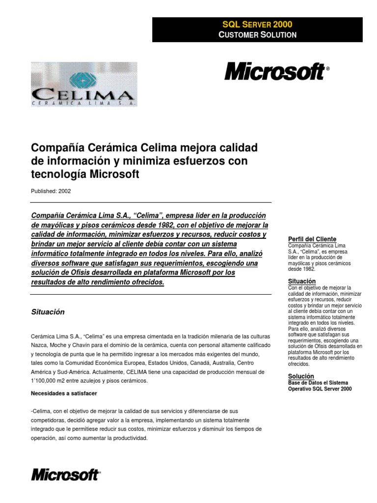 Celima optimiza procesos con Microsoft | PDF | Microsoft | Servidor SQL ...