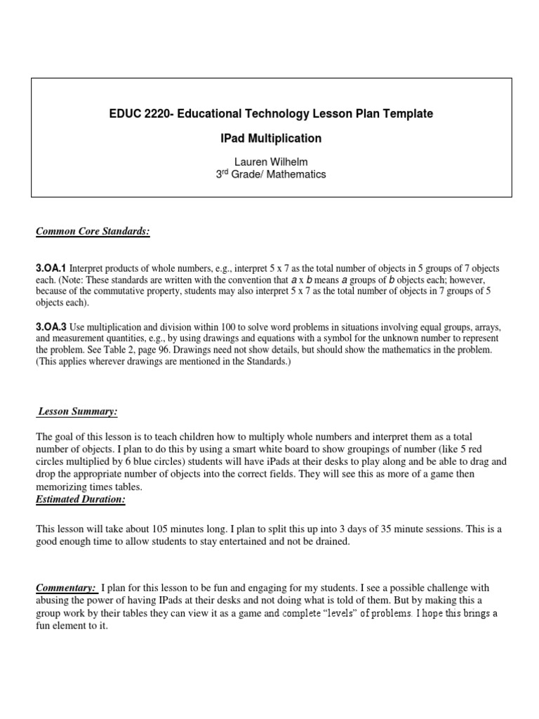 Educ 2220-Educational Technology Lesson Plan Template Ipad ...