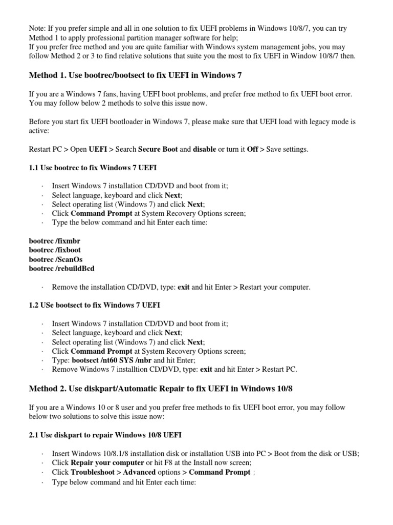 Fix UEFI Boot in Windows 10,8,7 | PDF | Booting | Windows 7