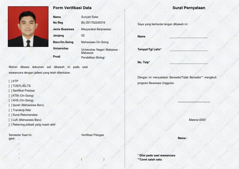 Form Verifikasi Data Dan Surat Pernyataan | PDF