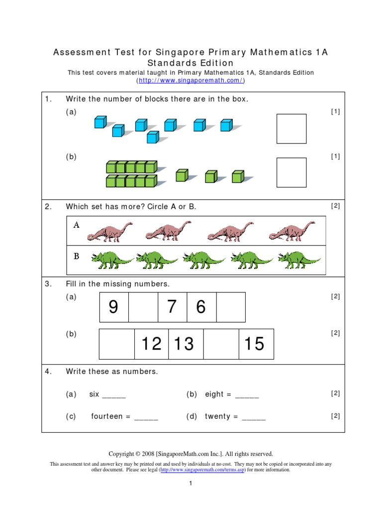 Assessment Test For Singapore Primary Mathematics 1A Standards Edition ...