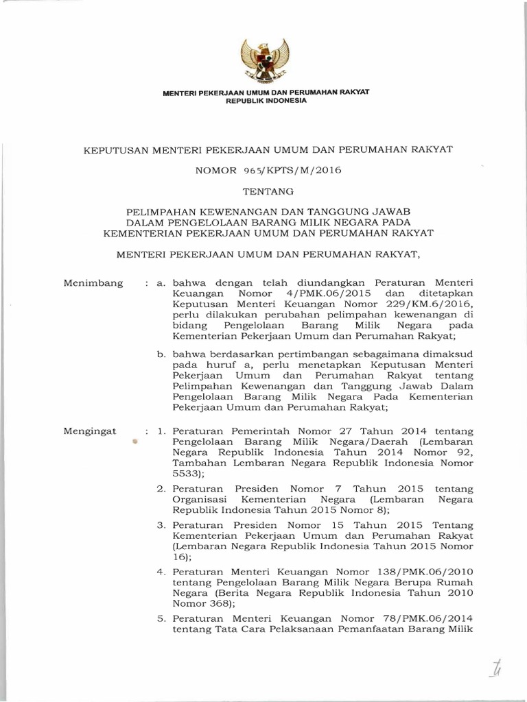 Keputusan Menteri Pekerjaan Umum dan Perumahan Rakyat Nomor 965/KPTS/M/2016