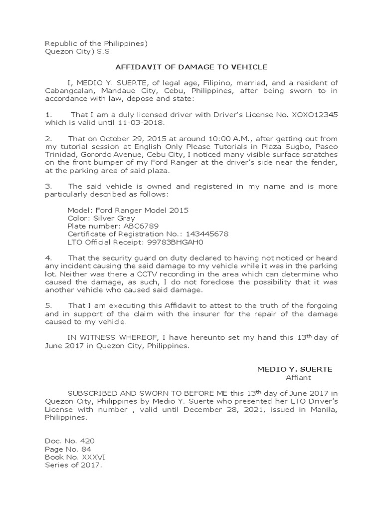 Affidavit of Damage to Vehicle