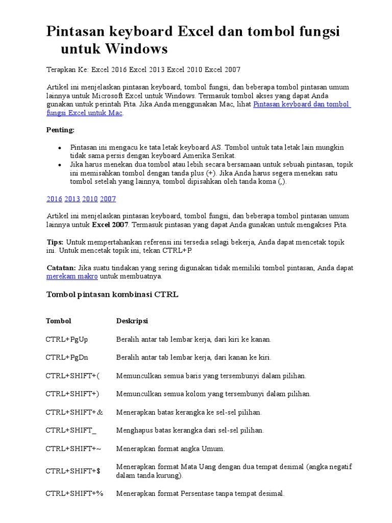 Pintasan Keyboard Excel Dan Tombol Fungsi Untuk Windows | PDF