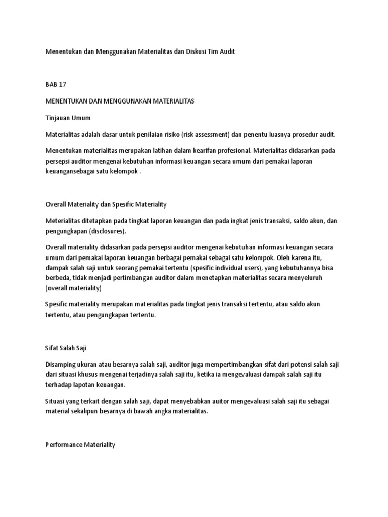 Bahan Resume Audit Menentukan Dan Menggunakan Materialitas Dan Diskusi Tim Audit | PDF