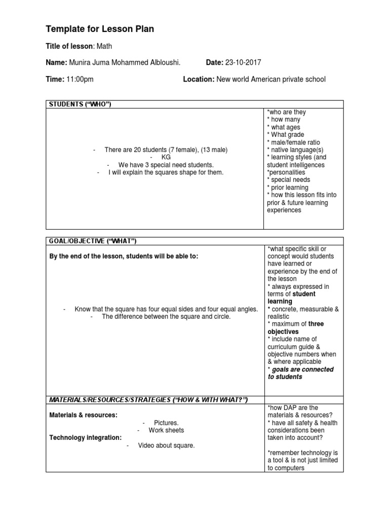 Template For Lesson Plan | PDF | Lesson Plan | Pedagogy