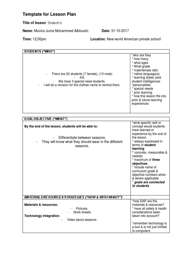 Template For Lesson Plan Season s PDF Lesson Plan Communication
