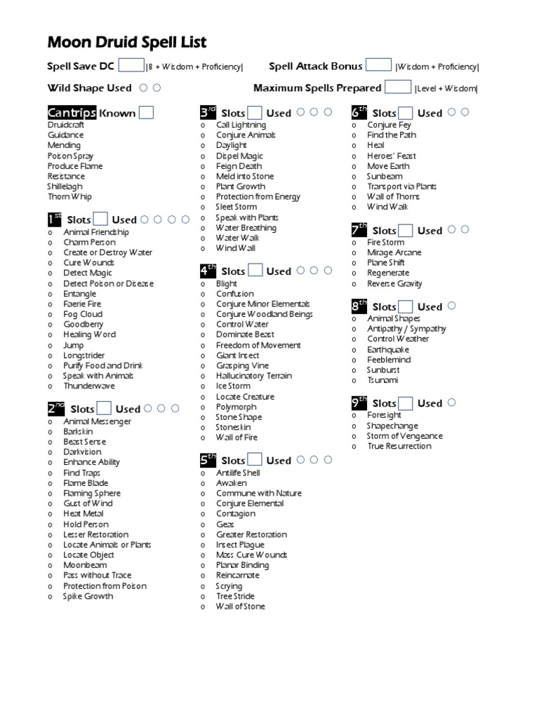 Moon Druid Spell List 5E | PDF | Wound | Weather