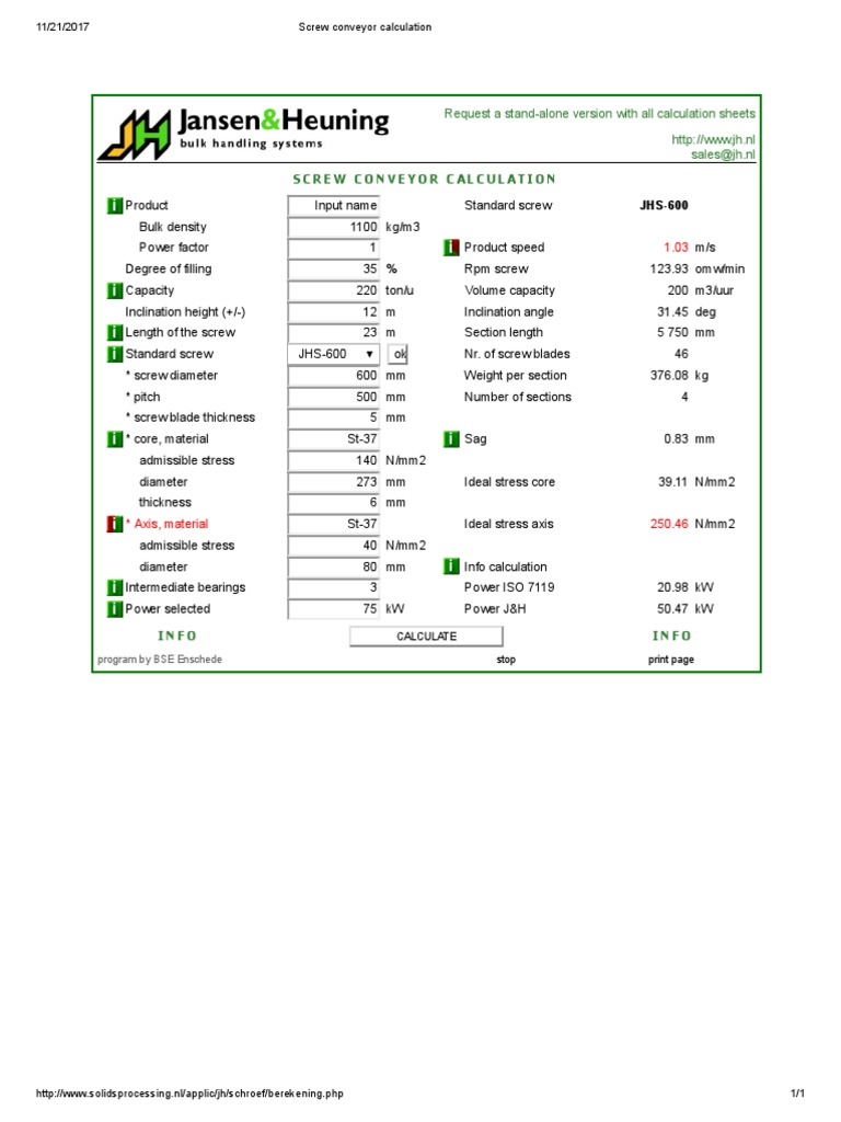 Screw Conveyor Design Calculations | PDF | Screw | Mechanical Engineering