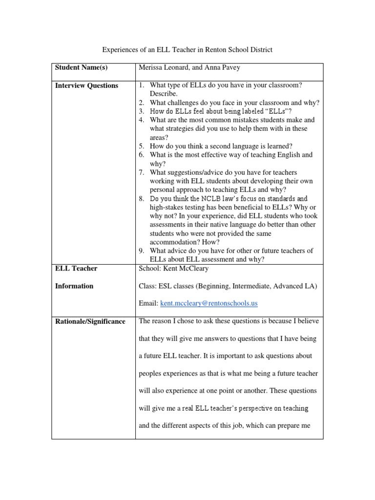Insights from an ELL Teacher Interview | PDF | Teaching | Pedagogy