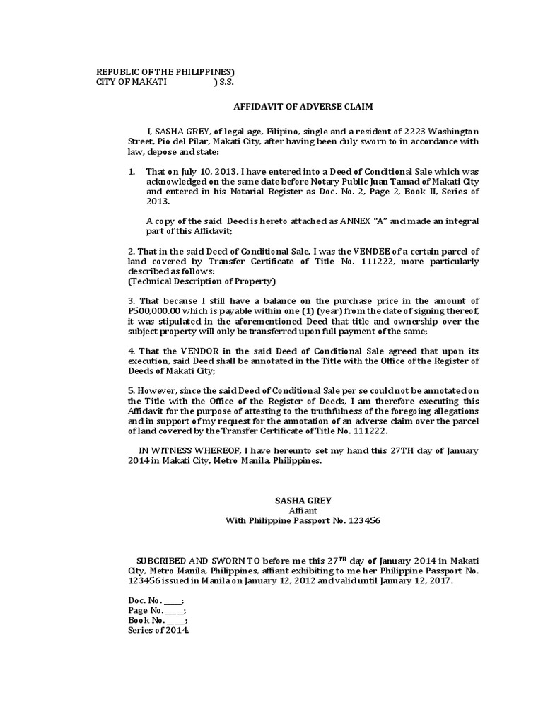Affidavit of Adverse Claim.docx | Deed | Affidavit