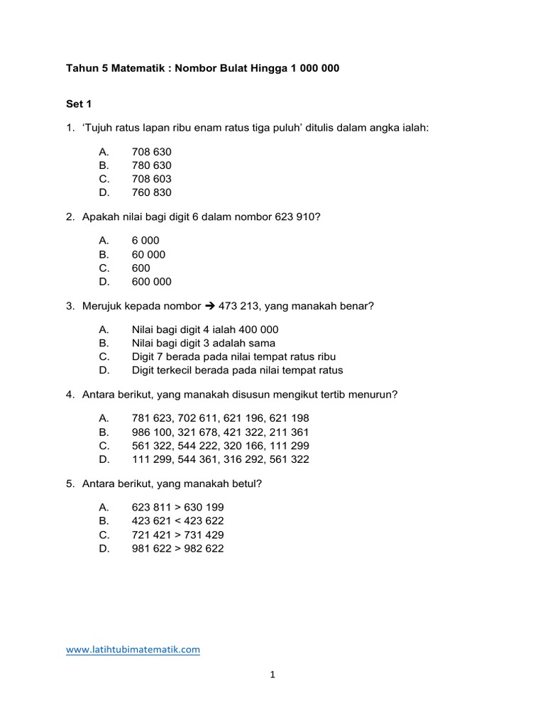 Tahun 5 Nombor Bulat Hingga 1000000 Set 1 | PDF