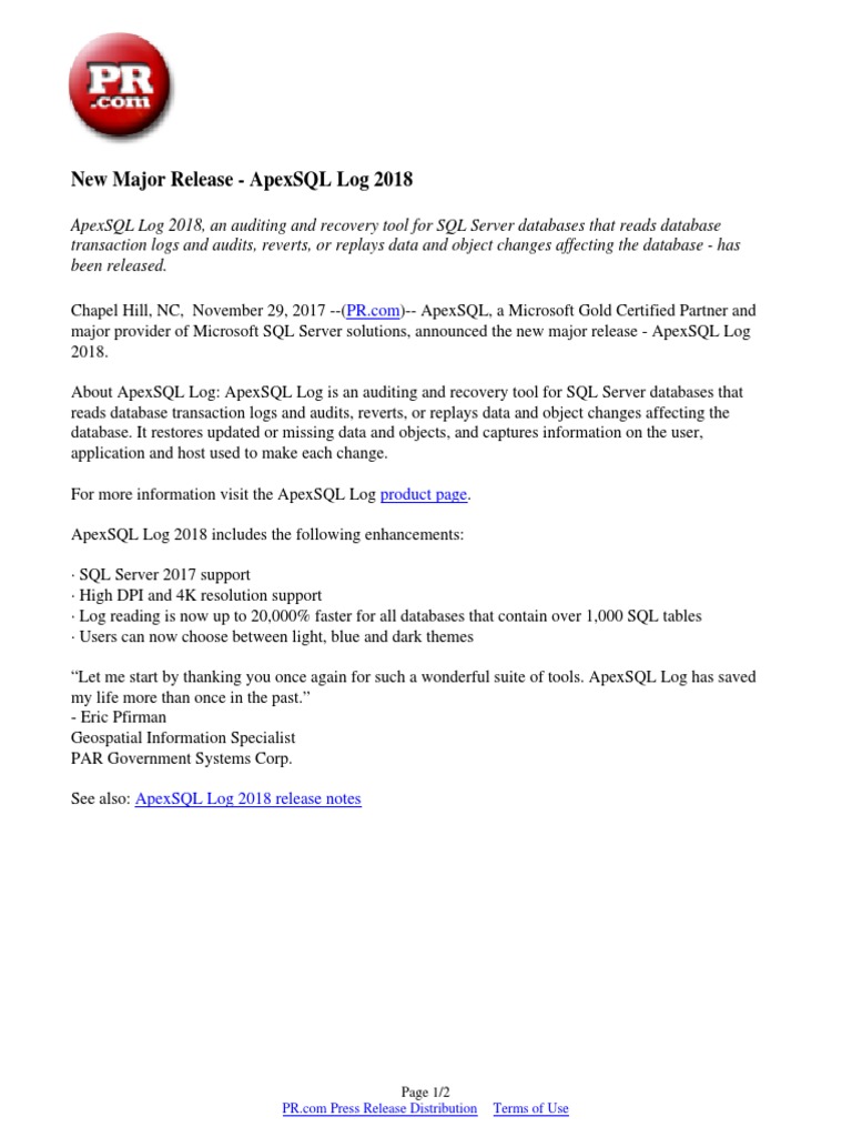 New Major Release - ApexSQL Log 2018 | PDF | Microsoft Sql Server | Databases