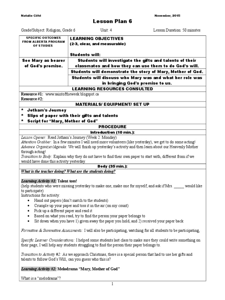 Lesson Plan 6 - Religion Unit 4 | PDF | Mary, Mother Of Jesus ...