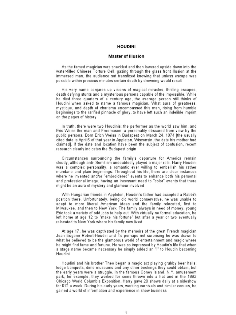 Houdini - Master of Illusion | PDF | Harry Houdini | Magic (Illusion)
