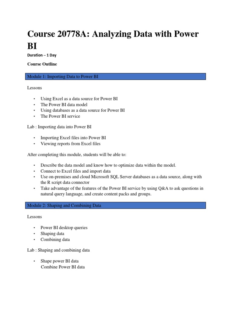 Analyzing Data With Power BI - 1 Day | PDF