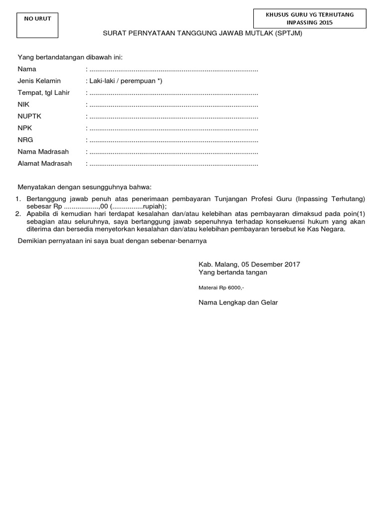 Lampiran 2 - Form SPTJM Guru | PDF