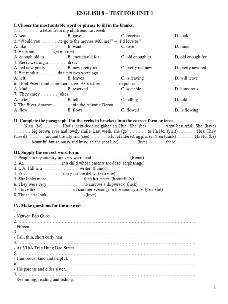 Grade 8 - Unit 1 - Test | PDF | Linguistics | Grammar