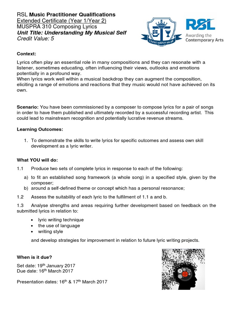 RSL Unit 310 Assignment Brief - Composing Lyrics | PDF | Educational ...