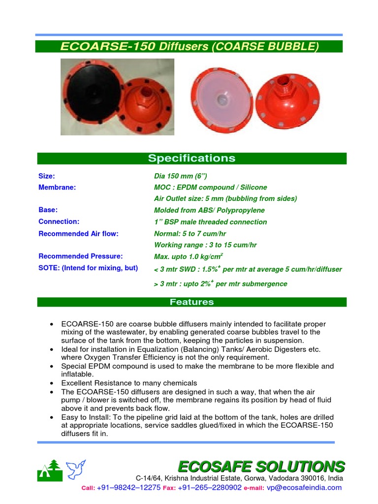 ECOARSE-150 Diffusers (COARSE BUBBLE) : E C O S A F E S O L U T I O N S | PDF