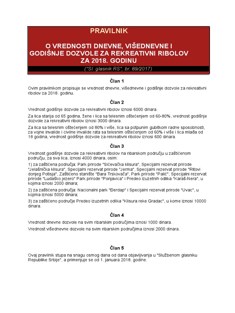 Pravilnik o Vrednosti Dozvole Za Rekreativni Ribolov Za 2018. Godinu | PDF