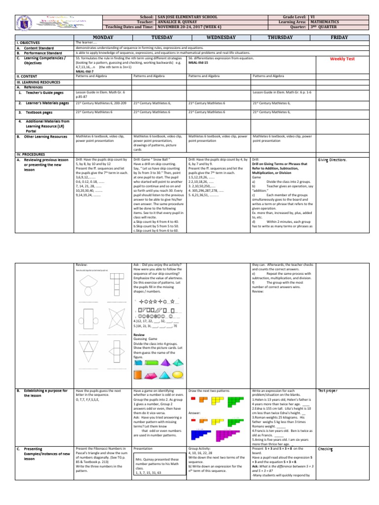 Mastering Patterns and Sequences: A Sixth Grade Mathematics Lesson Plan ...