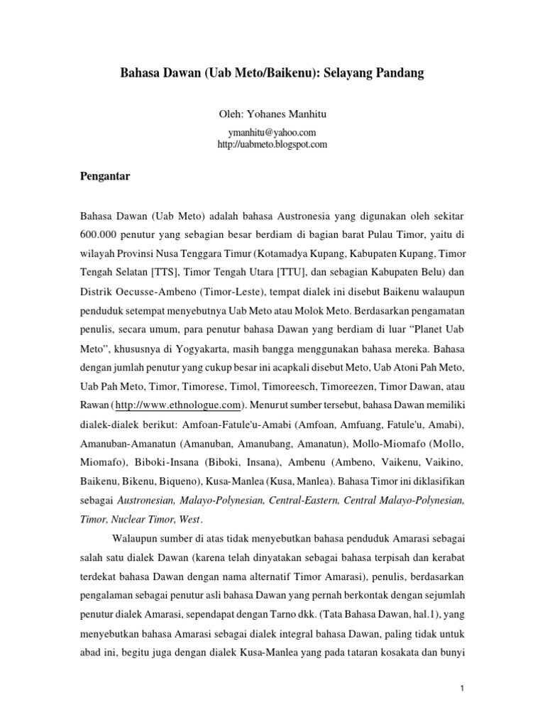 Bahasa Dawan Uab Meto Selayang Pandang | PDF | Kajian Bahasa Asing