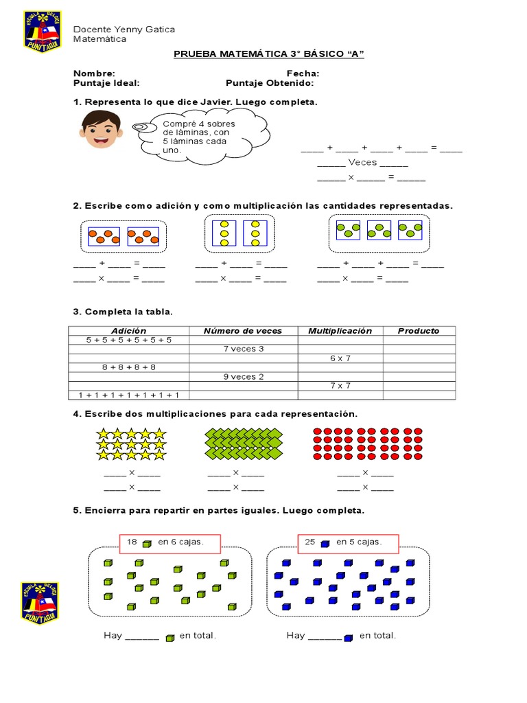 Prueba de Matemáticas 3° Básico | PDF | Multiplicación | Enseñanza de ...