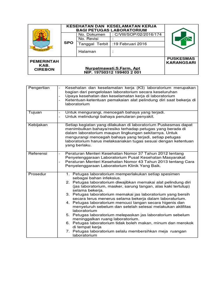 8.9 Sop Kesehatan Dan Keselamatan Kerja Bagi Petugas Laboratorium | PDF