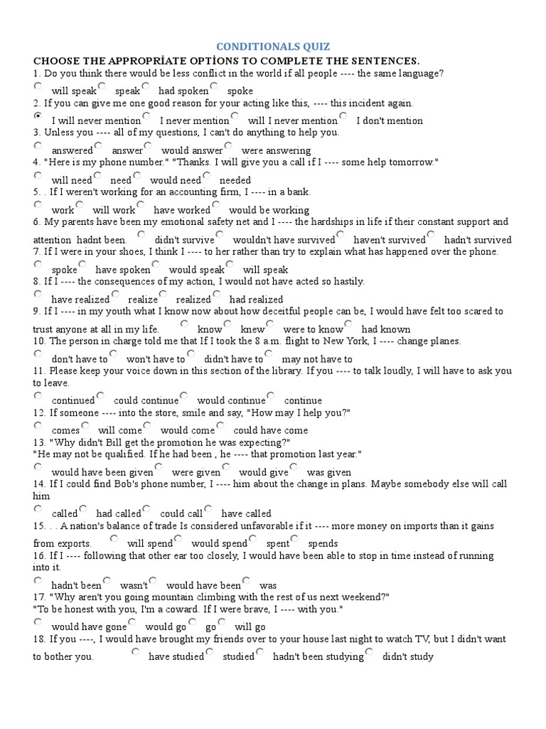 Conditional Sentences Quiz: Choosing the Appropriate Options to ...