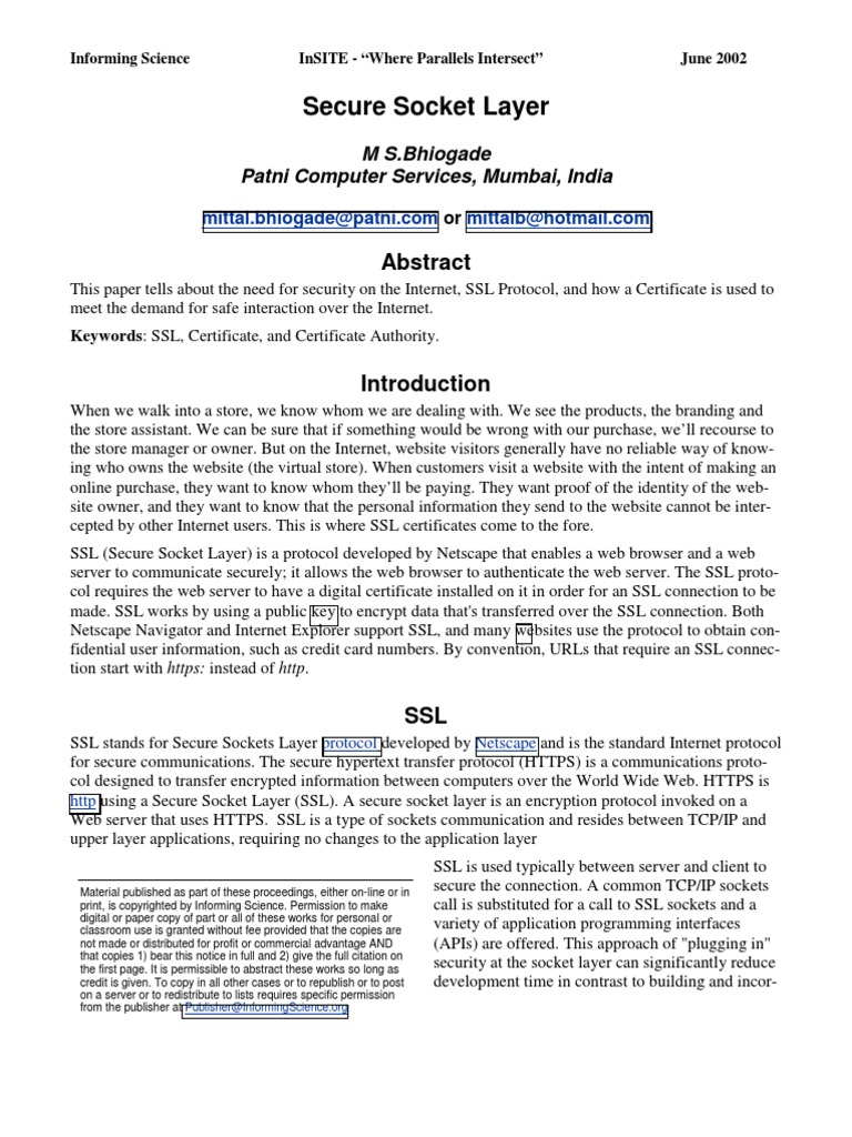 Secure Socket Layer: M S.Bhiogade Patni Computer Services, Mumbai, India | PDF | Transport Layer ...