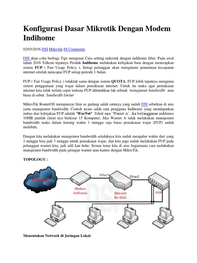 Konfigurasi Dasar Mikrotik Dengan Modem Indihome | PDF