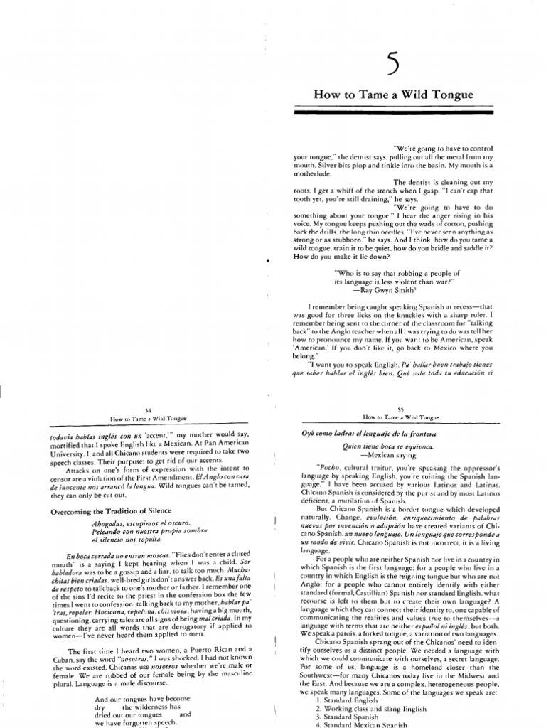 Anzaldua Gloria Borderlands La Frontera Chap 5 HOW TO TAME A WILD ...