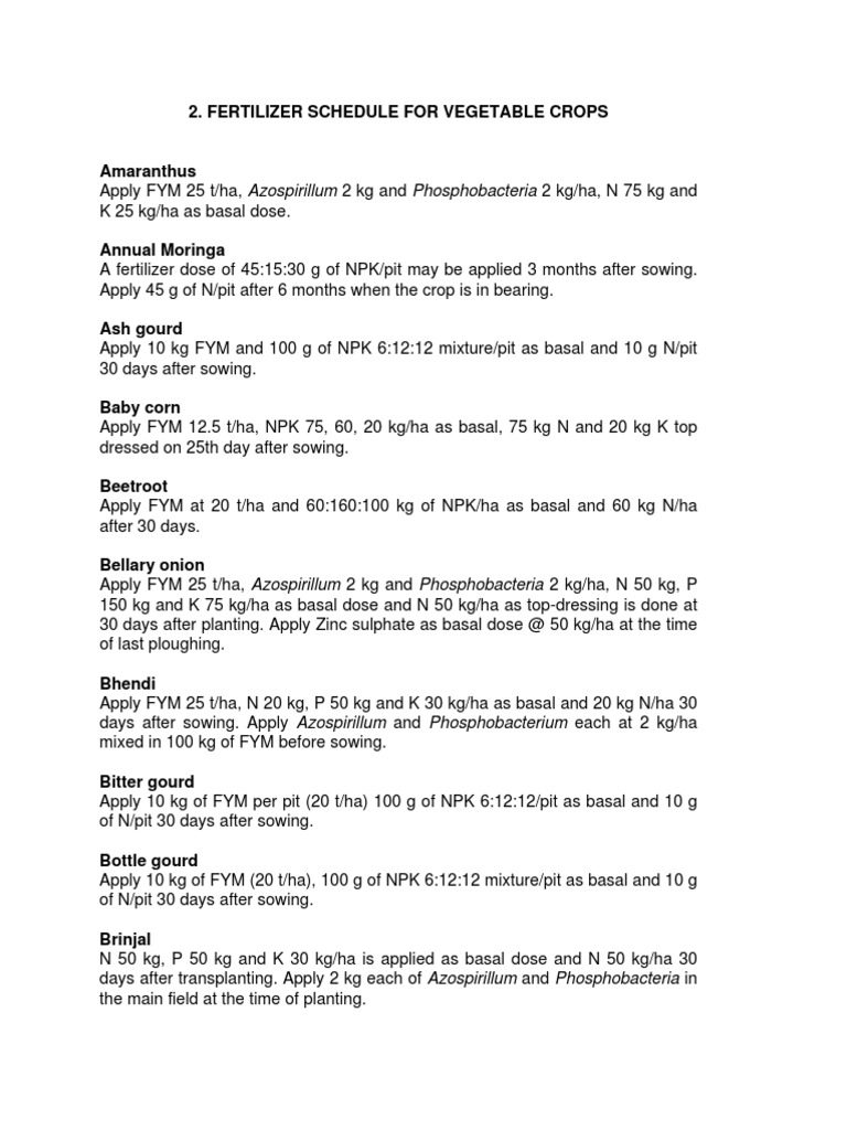 FERTILIZER SCHEDULE FOR VEGETABLES.pdf | Fertilizer | Potassium