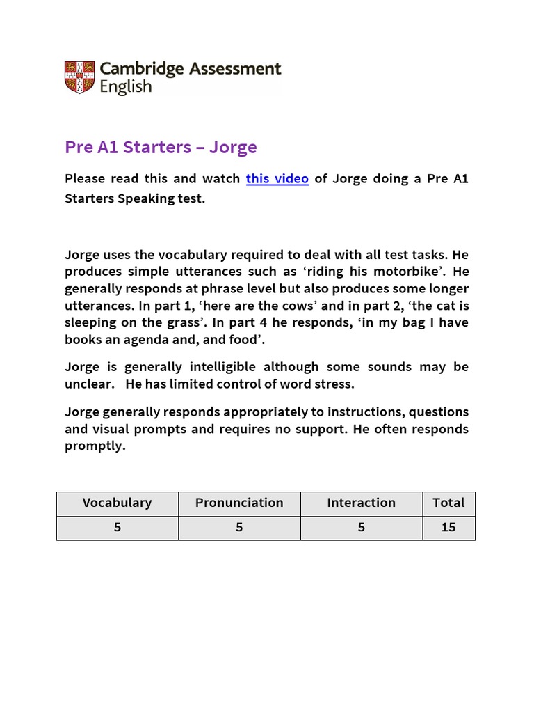 Jorge's Pre A1 Speaking Test Review | PDF