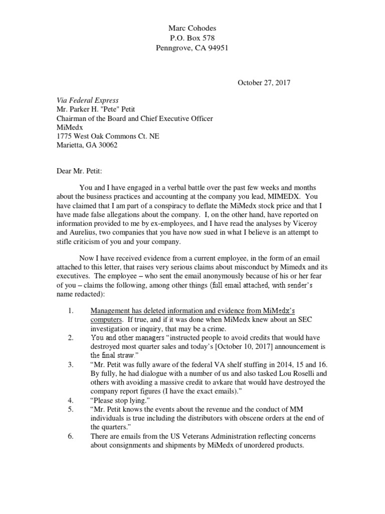 Marc Cohodes Mimedx Letter | PDF | Employment | Short (Finance)