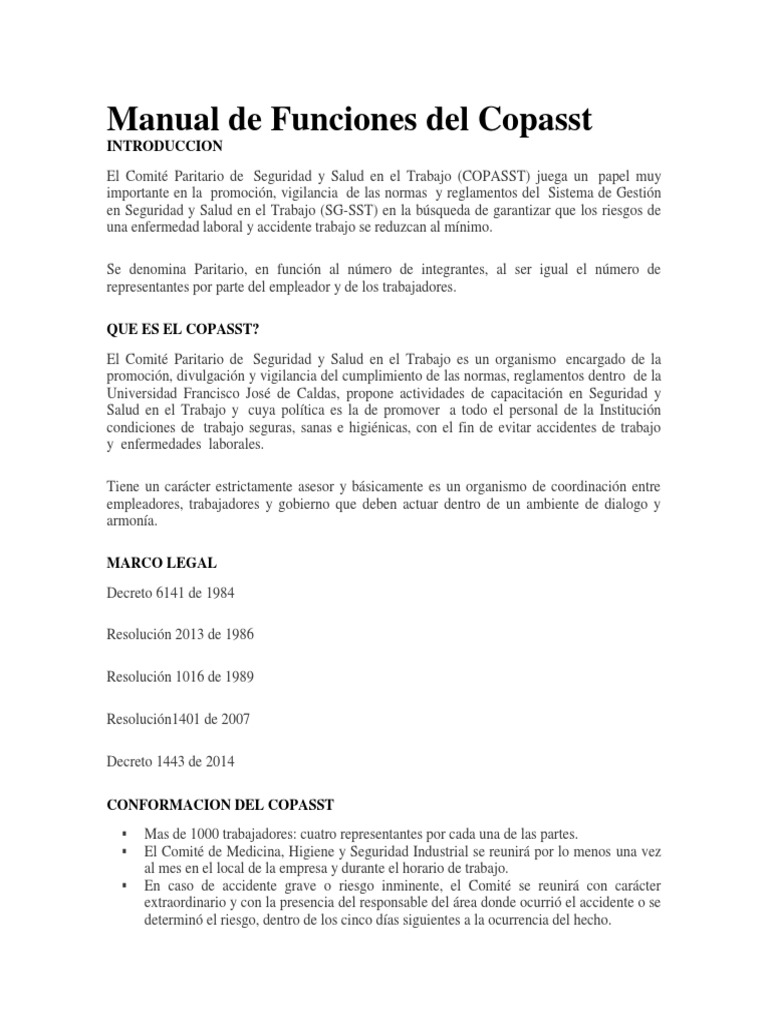 Manual de Funciones Del Copasst | PDF | Seguridad y salud ocupacional | Gobierno